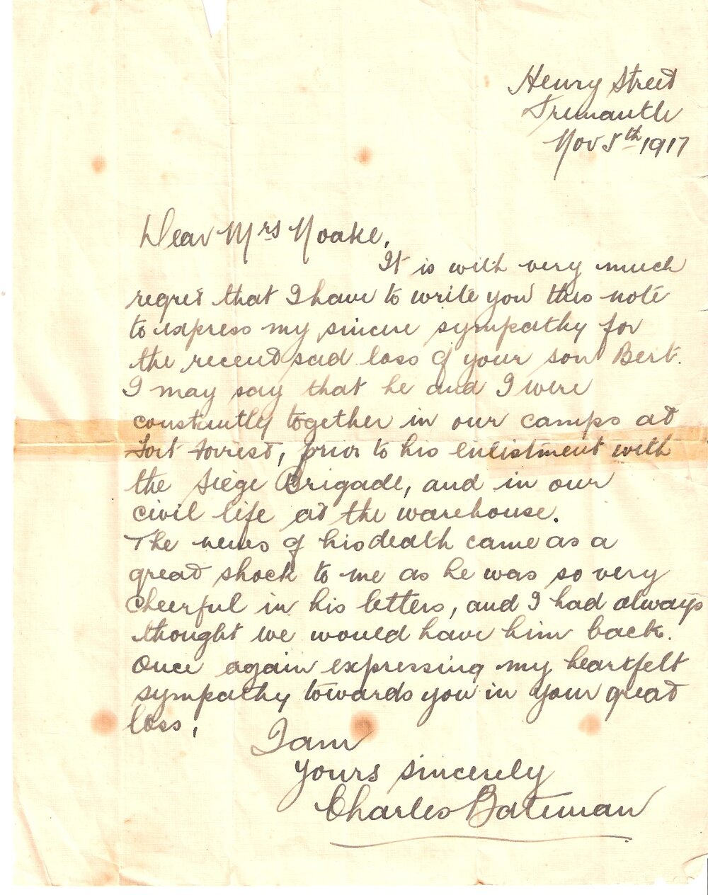 Noake Condolence letter 1 | City of Fremantle Local History Centre