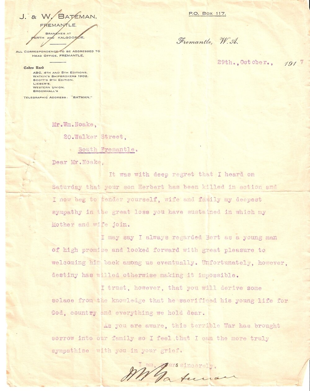 Noake Condolence letter 2 | City of Fremantle Local History Centre